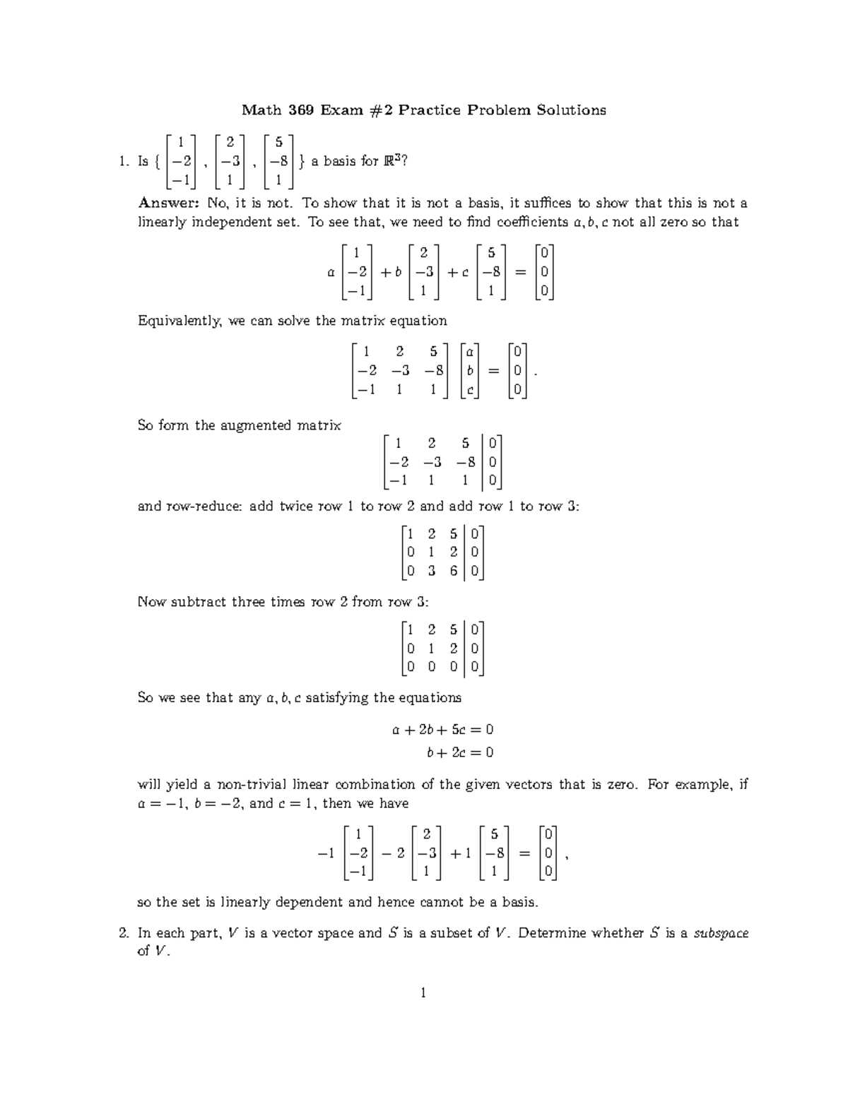 Exam2practicesolutions - Math 369 Exam #2 Practice Problem Solutions Is ...