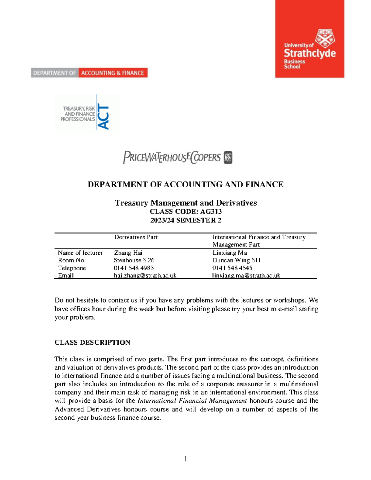 Class Outline 2023-24 - DEPARTMENT OF ACCOUNTING AND FINANCE Treasury ...