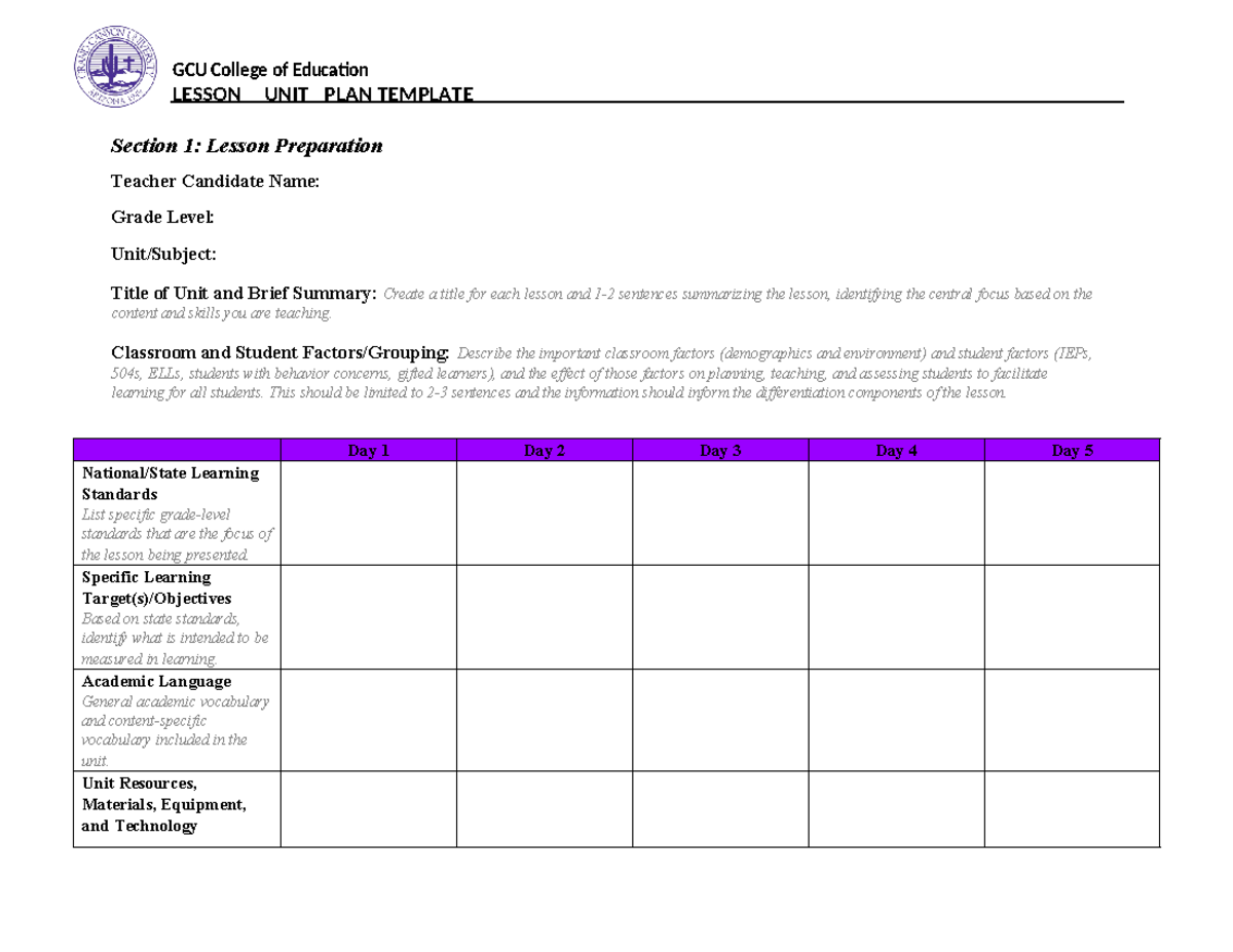 Unit plan template 5 day - Section 1: Lesson Preparation Teacher ...