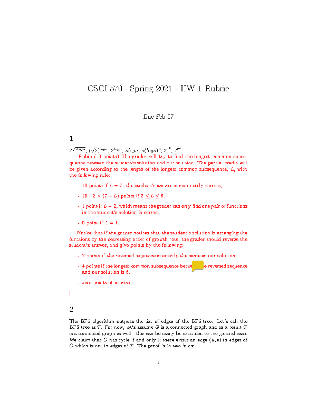 HW1 solution - CSCI 570 - Spring 2021 - HW 1 Rubric Due Feb 07 1 2 √ 2 logn , ( √ 2)logn, 2logn ...
