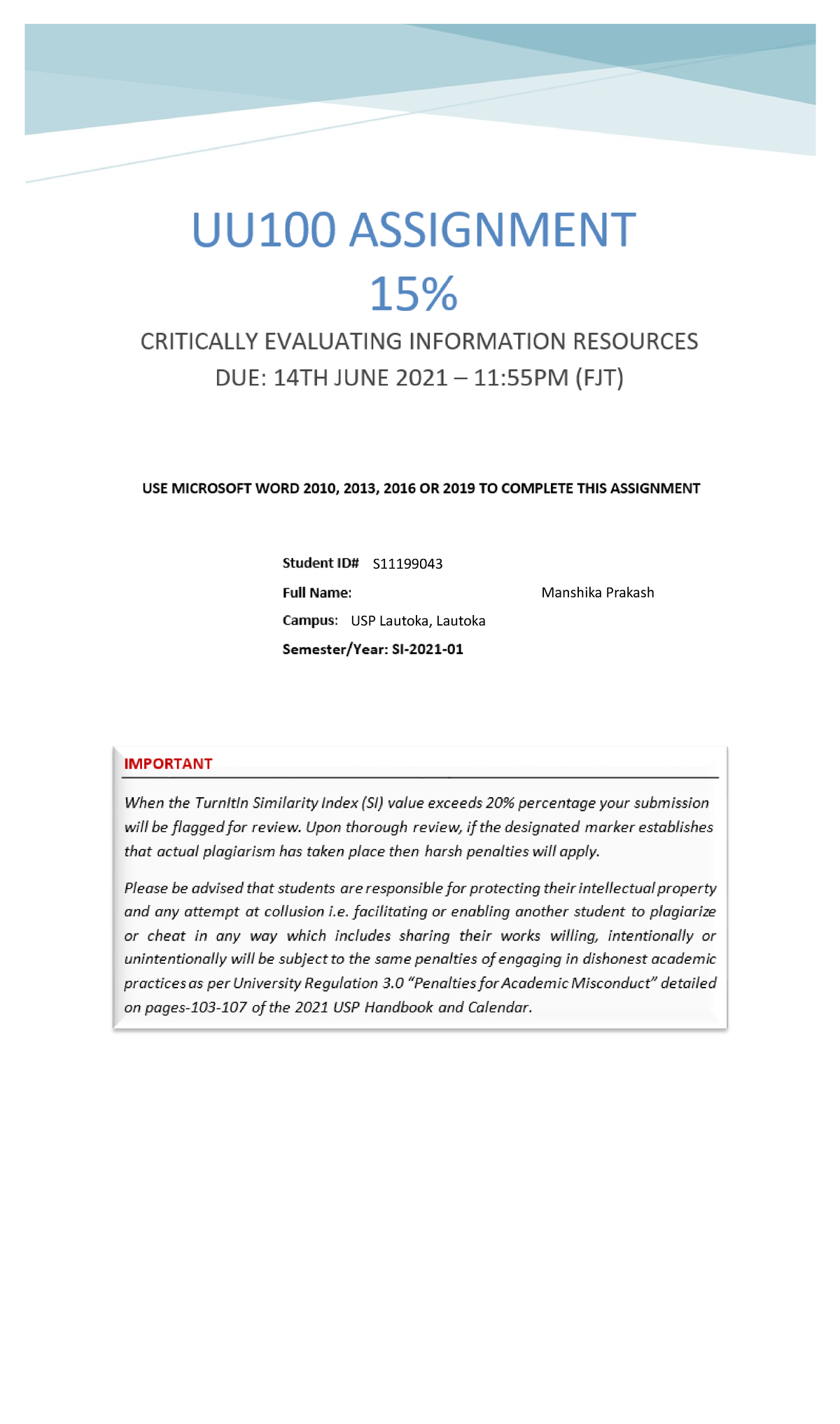 UU100 Assignment S11199043 - Communications and Informations Literacy ...