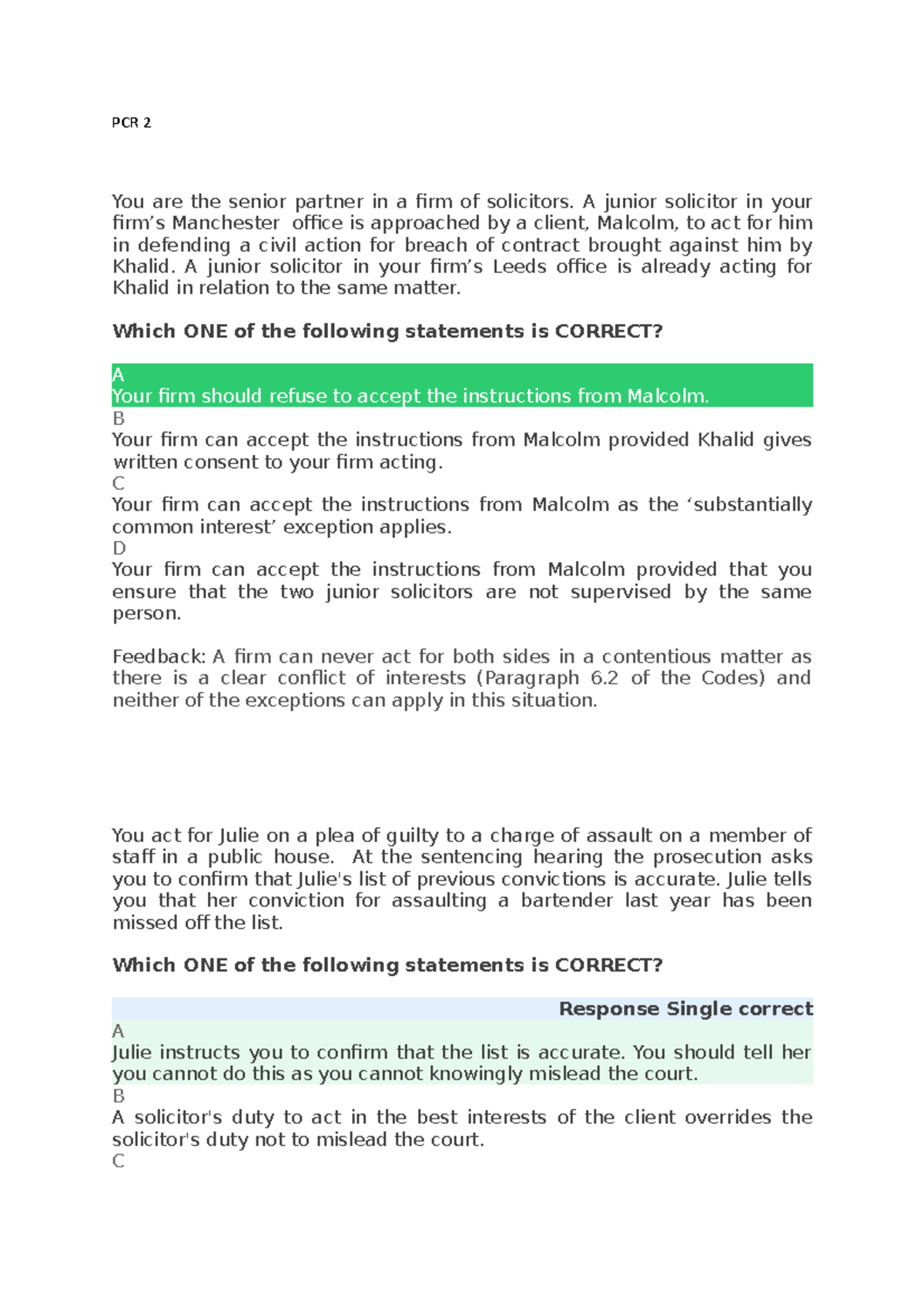 PCR 2 - MCQ - PCR 2 You are the senior partner in a firm of solicitors ...