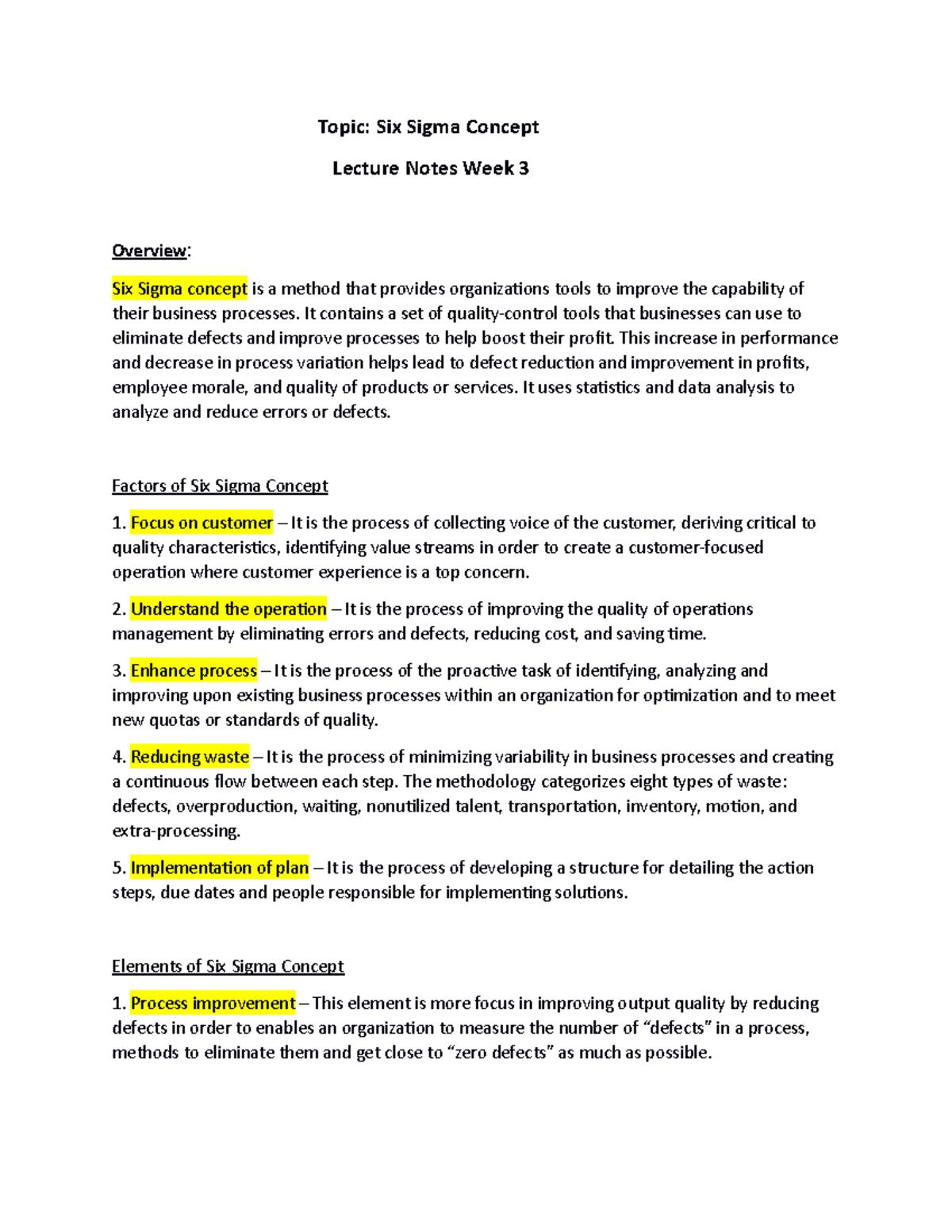 Six Sigma Concept - Topic: Six Sigma Concept Lecture Notes Week 3 ...