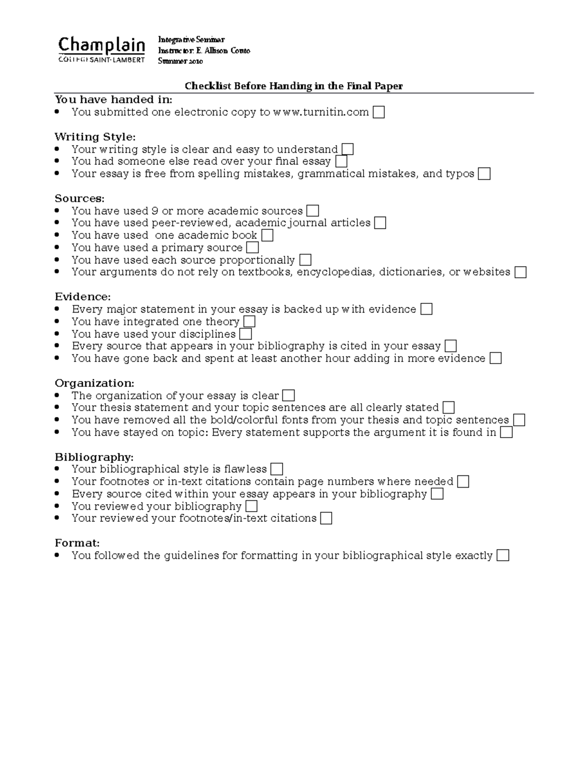 6-Final Essay Checklist - Integrative SeminarInstructor: E. Allison ...