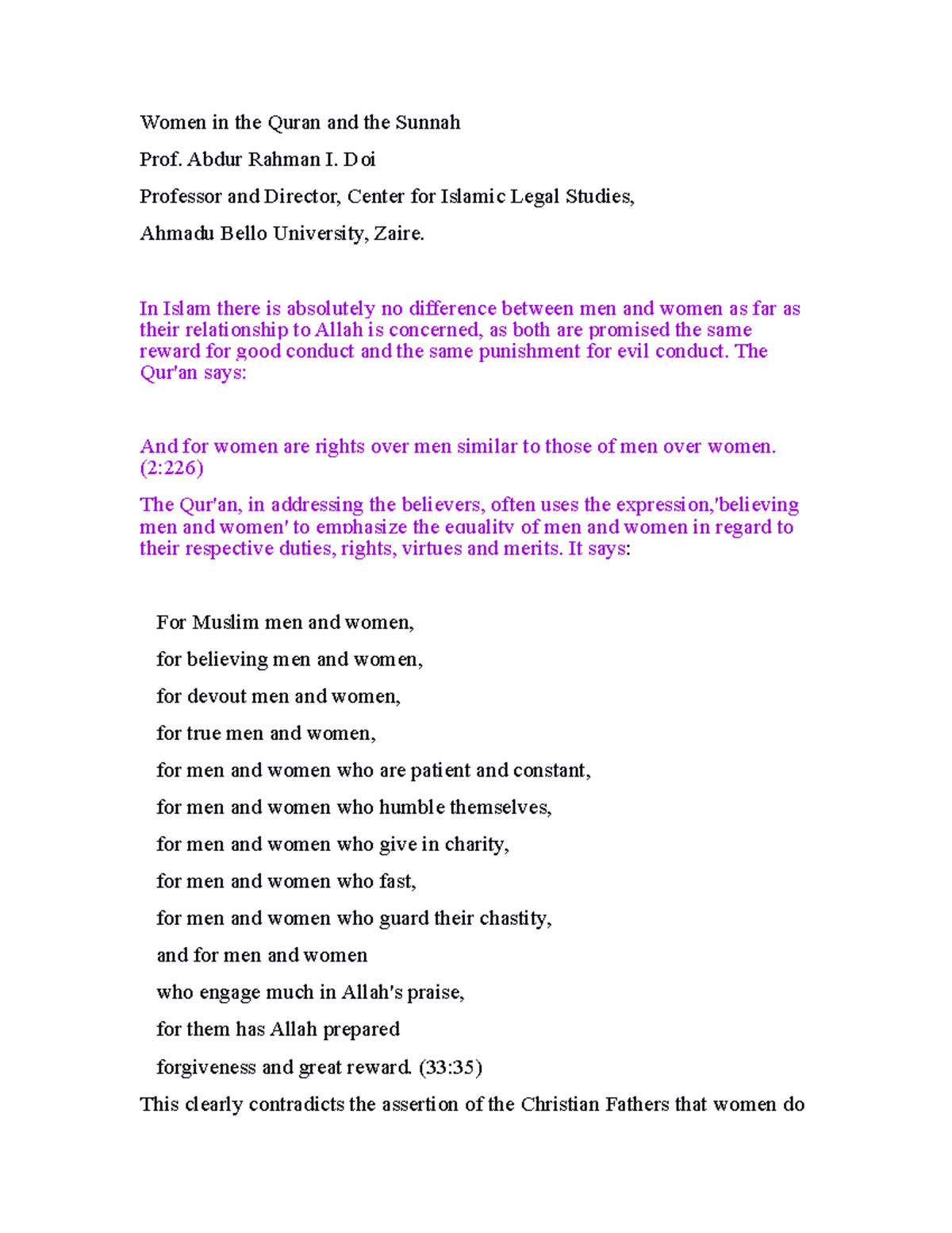 Women IN Iquran AND Sunna - Women in the Quran and the Sunnah Prof ...