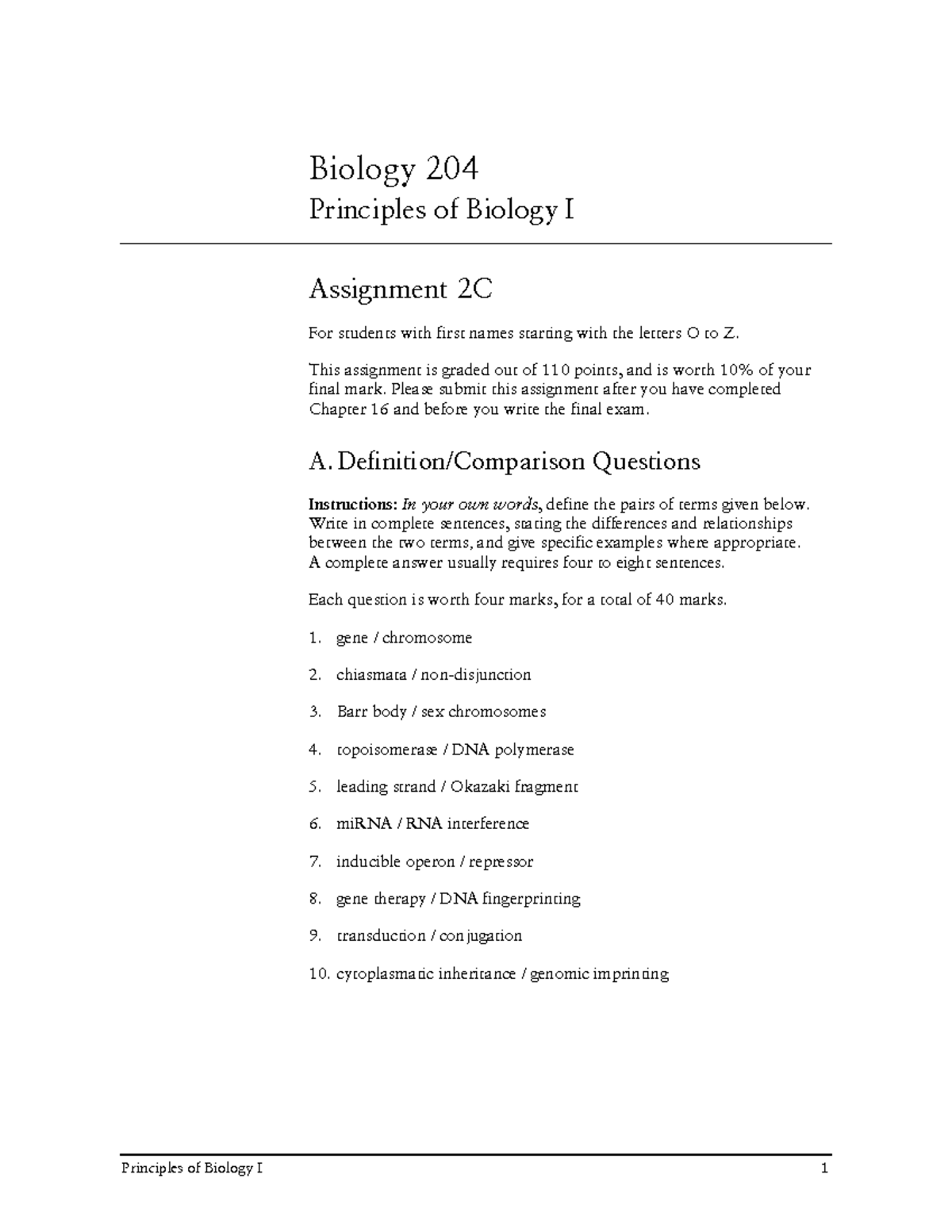 Assign 2c - Biology 204 Principles of Biology I Assignment 2C For ...