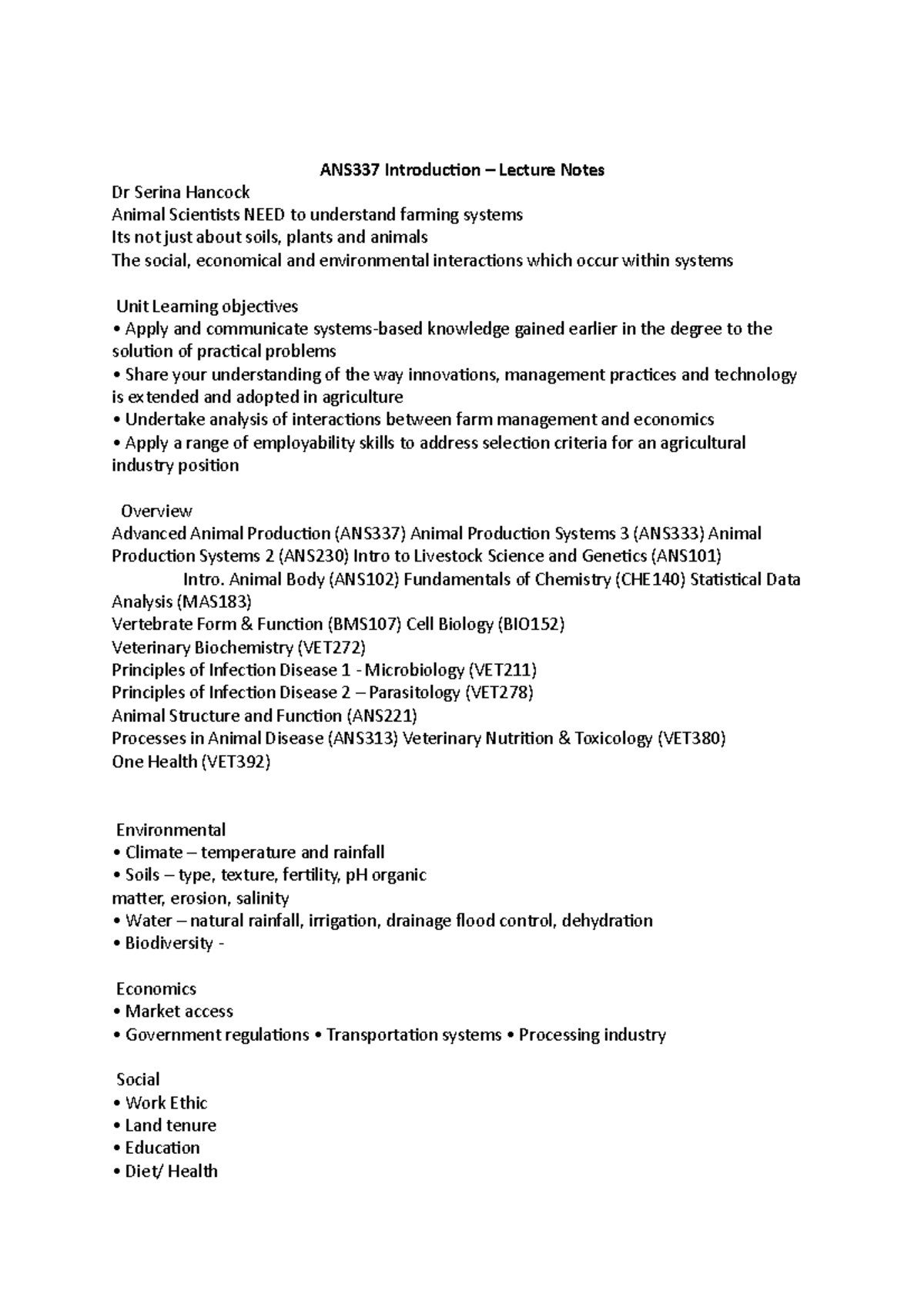 Ans337 Introduction And Outline Lecture Notes Ans337 Introduction Lecture Notes Dr Serina