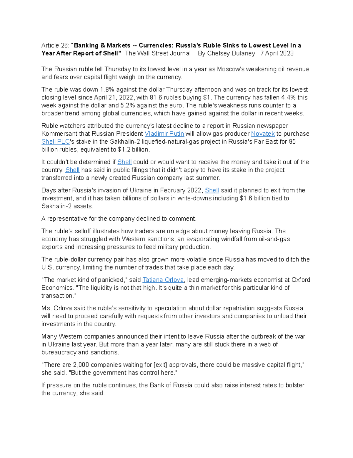 Article 26 Spring 2023 - Readings - Article 26: “Banking & Markets ...