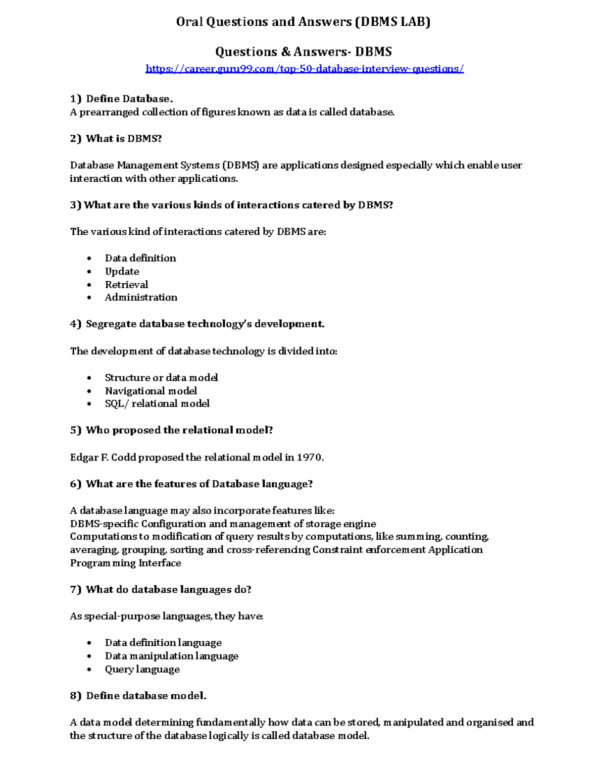 Oral questions and answers for dbms mysql mongodb nosql - Questions & Answers- DBMS - Studocu