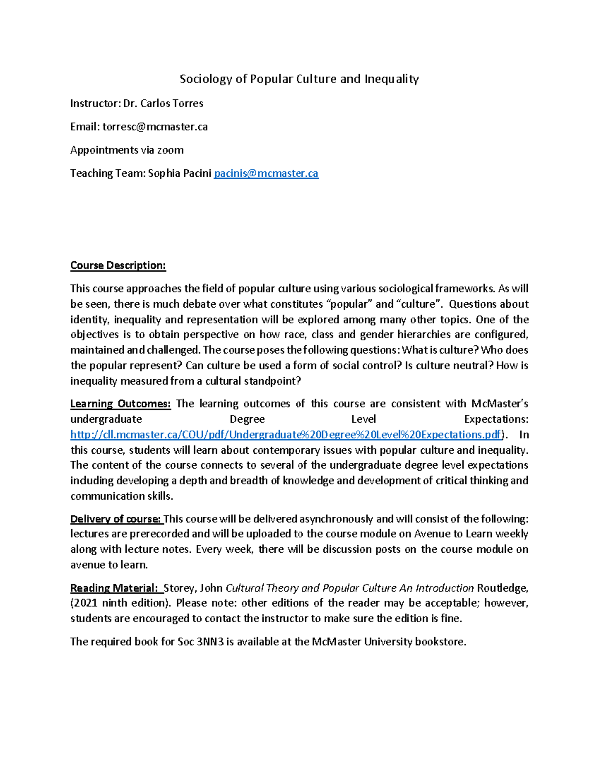 Sociol 3nn3 course outline - Sociology of Popular Culture and ...
