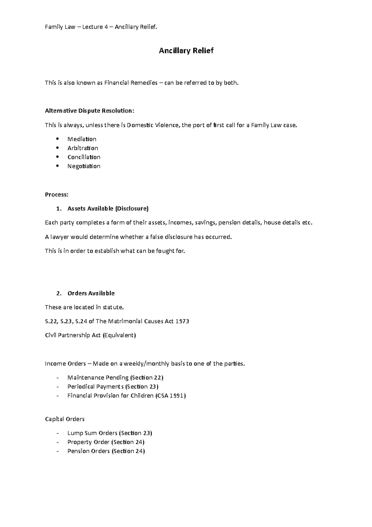 Lecture 4 - Ancillary Relief - Family Law – Lecture 4 – Ancillary ...