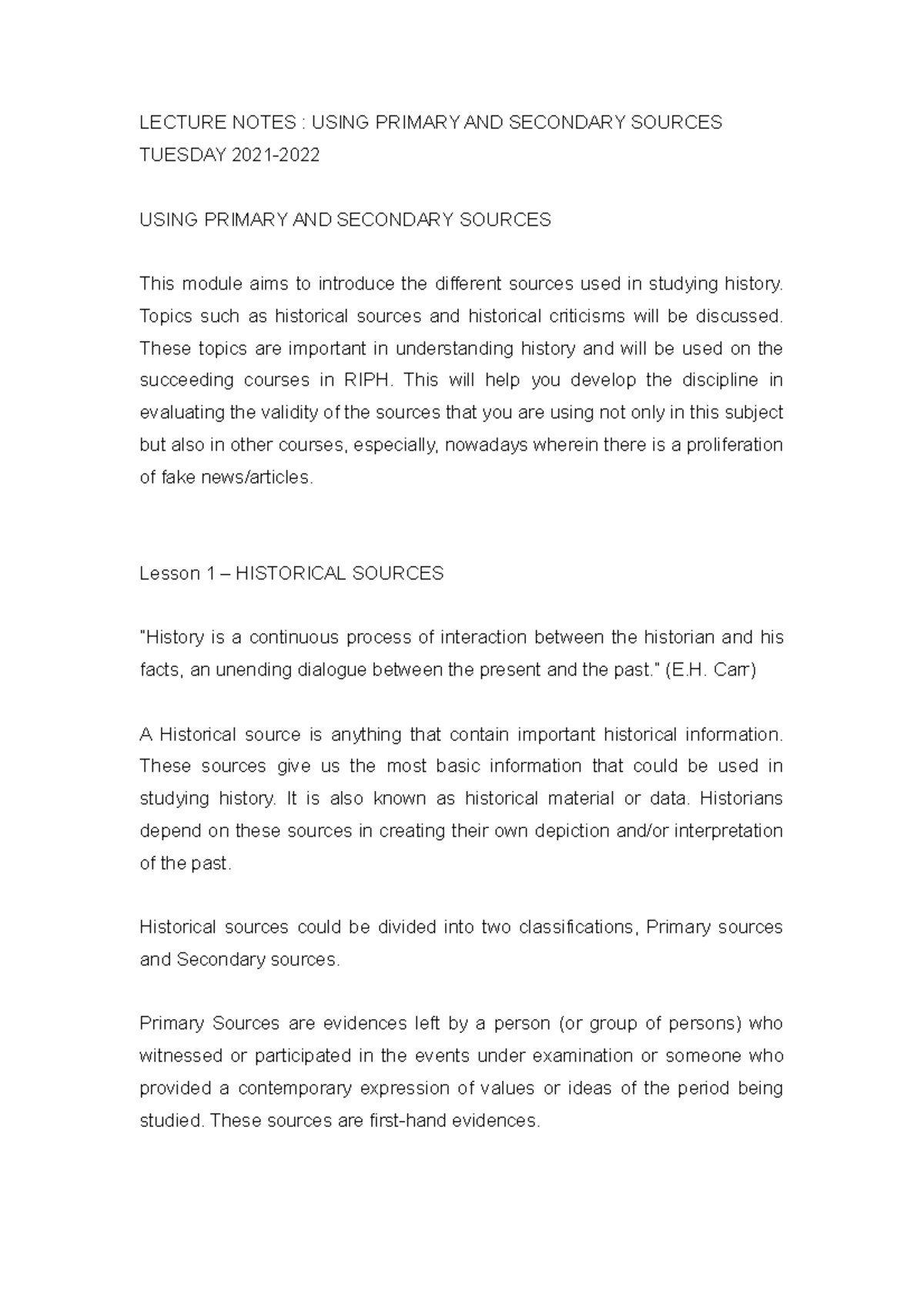Lecture Notes Using Primary AND Secondary Sources - LECTURE NOTES ...