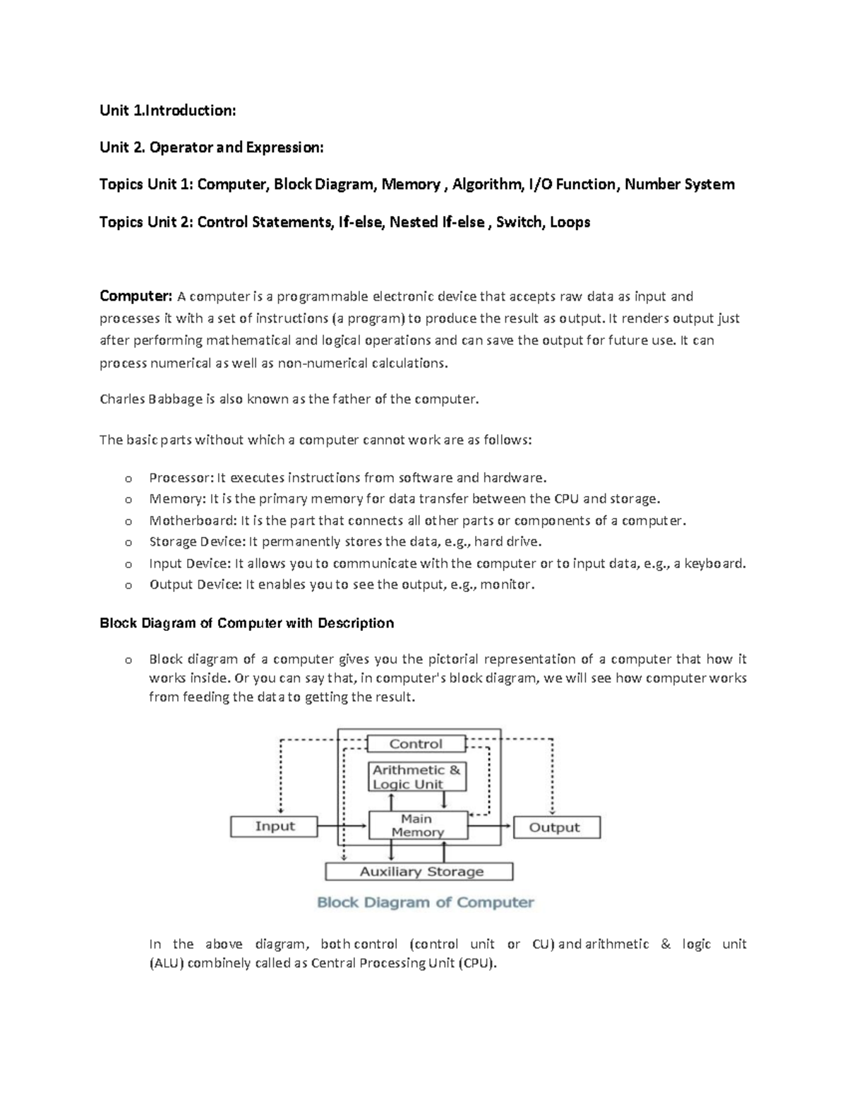 TCS 101 - okay - Unit 1: Unit 2. Operator and Expression: Topics Unit 1 ...