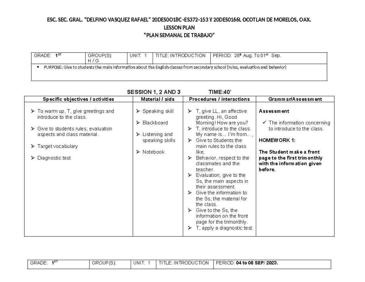 Planeacion 1 Stgrade 2023 - LESSON PLAN “PLAN SEMANAL DE TRABAJO” GRADE ...