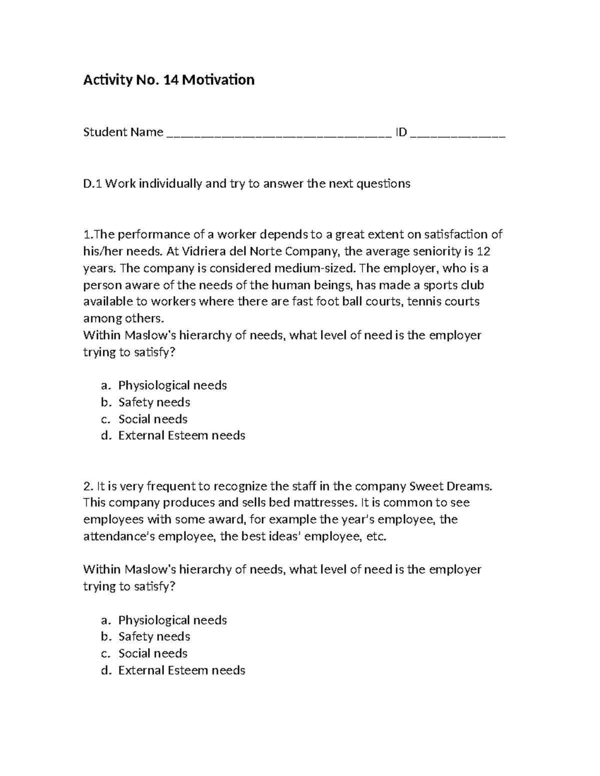 Activity No 14 Motivation - Activity No. 14 Motivation Student Name ...