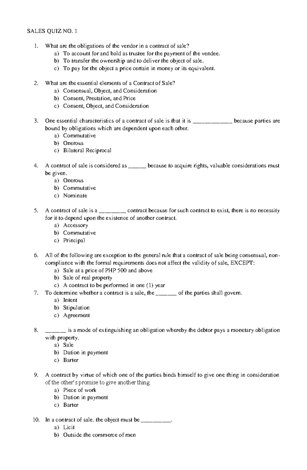 Sales QUIZ NO 1 - None - SALES QUIZ NO. 1 What are the obligations of ...