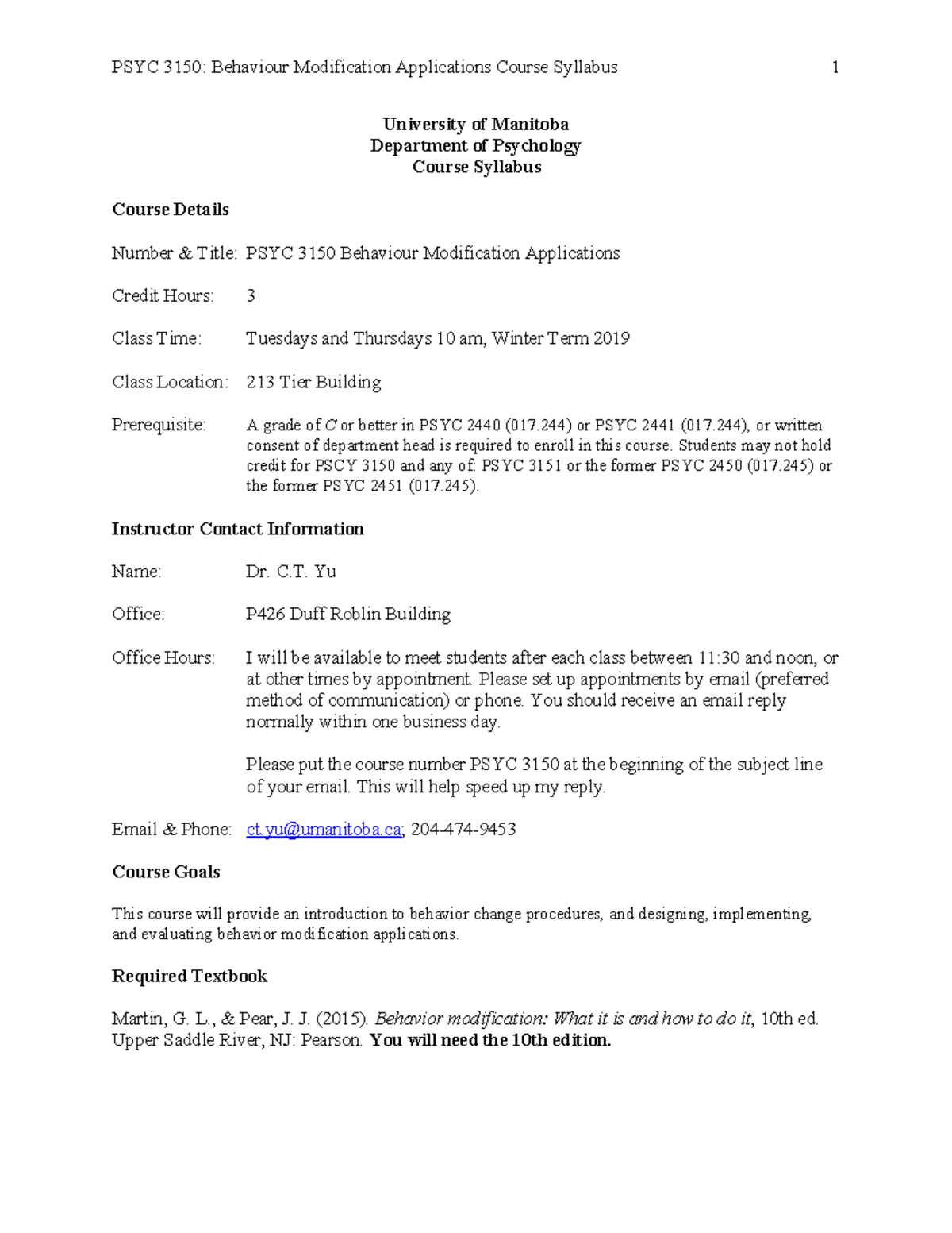 PSYC 3150 Beh Mod Applications Course Outline 2018-2019 T2 - PSYC 3150: Behaviour Modification ...