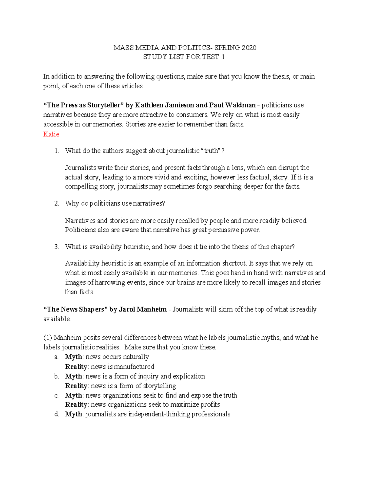 Midterm Study Guide - MASS MEDIA AND POLITICS- SPRING 2020 STUDY LIST ...