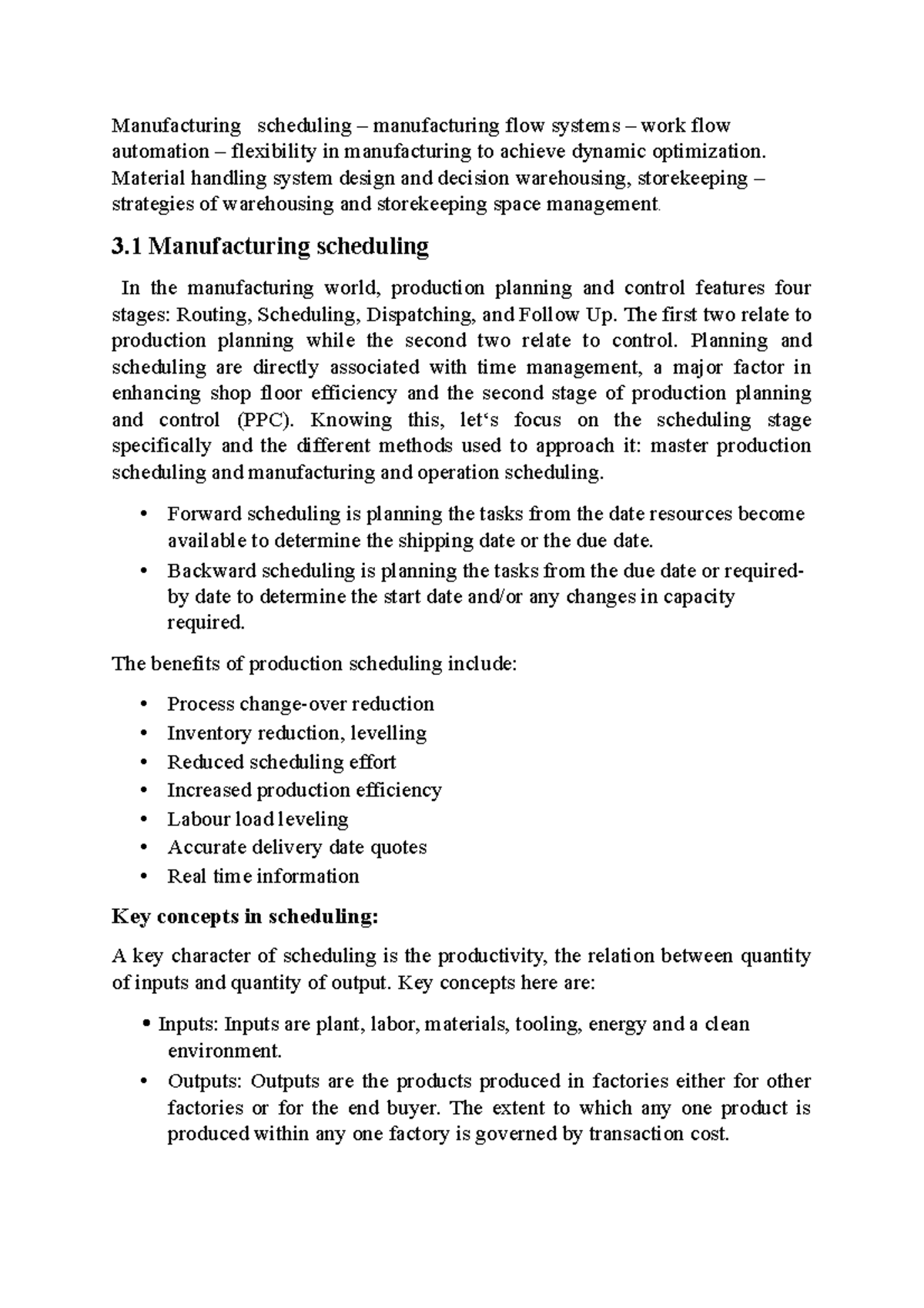 Material handling - Its a lecture note - Manufacturing scheduling ...