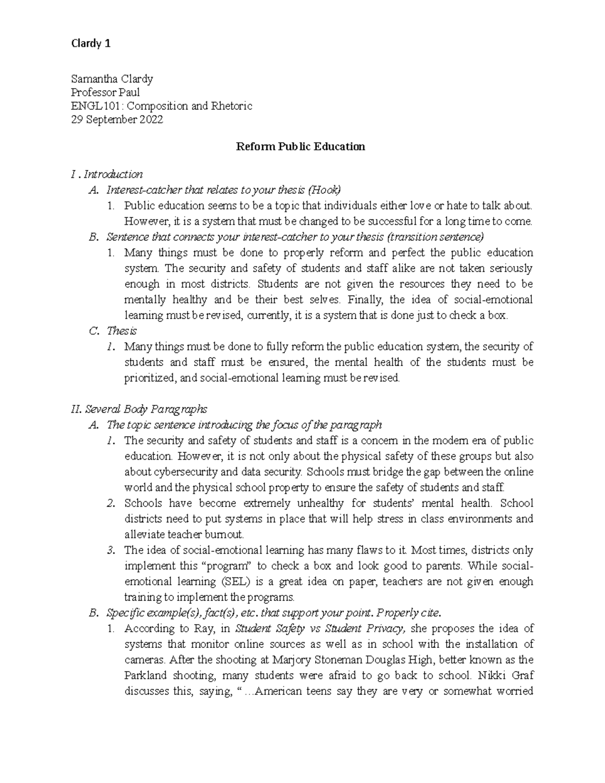 Public Reform MLA Outline - Samantha Clardy Professor Paul ENGL101 ...