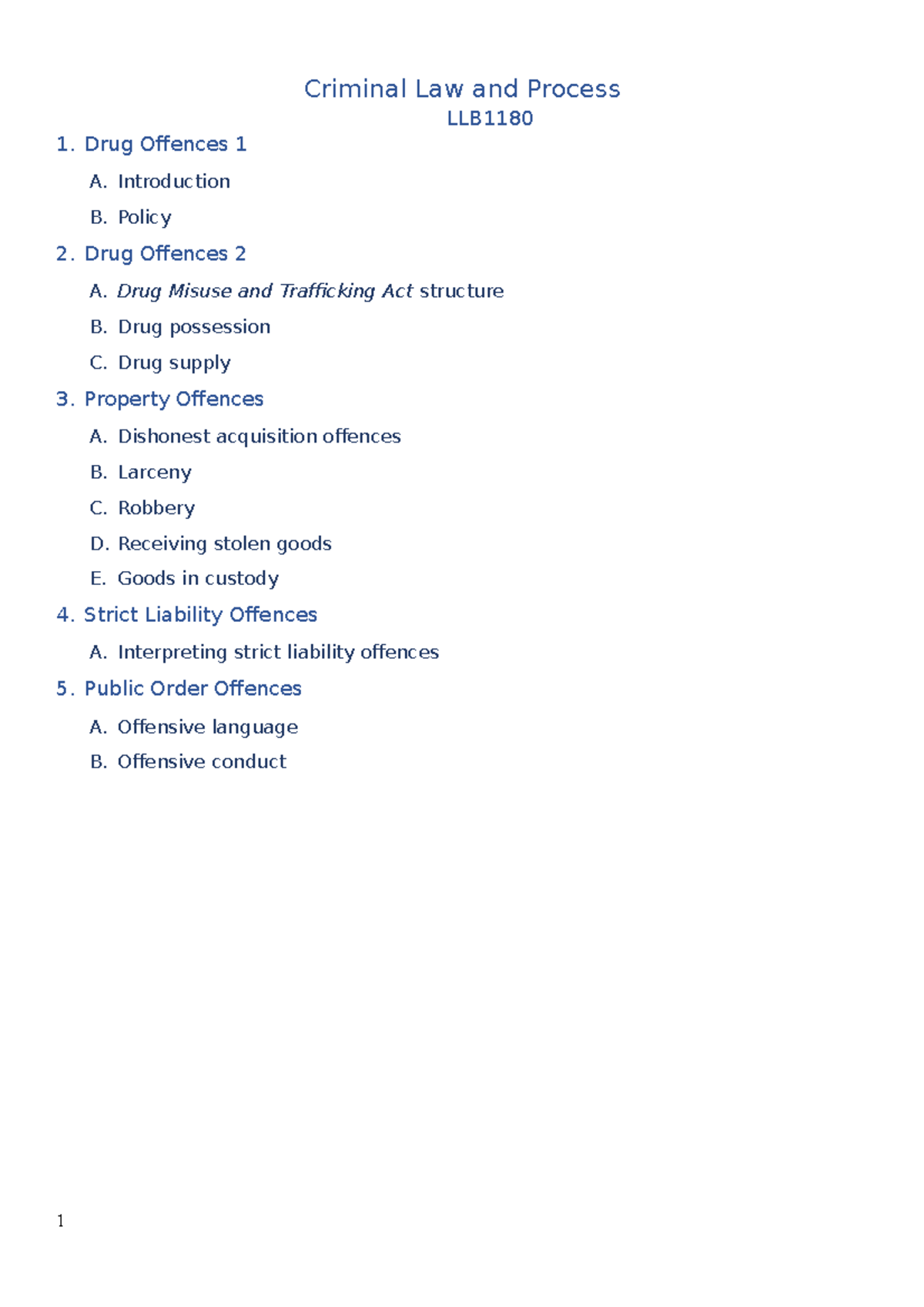 Criminal Law summary - Criminal Law and Process LLB1180 1. Drug ...