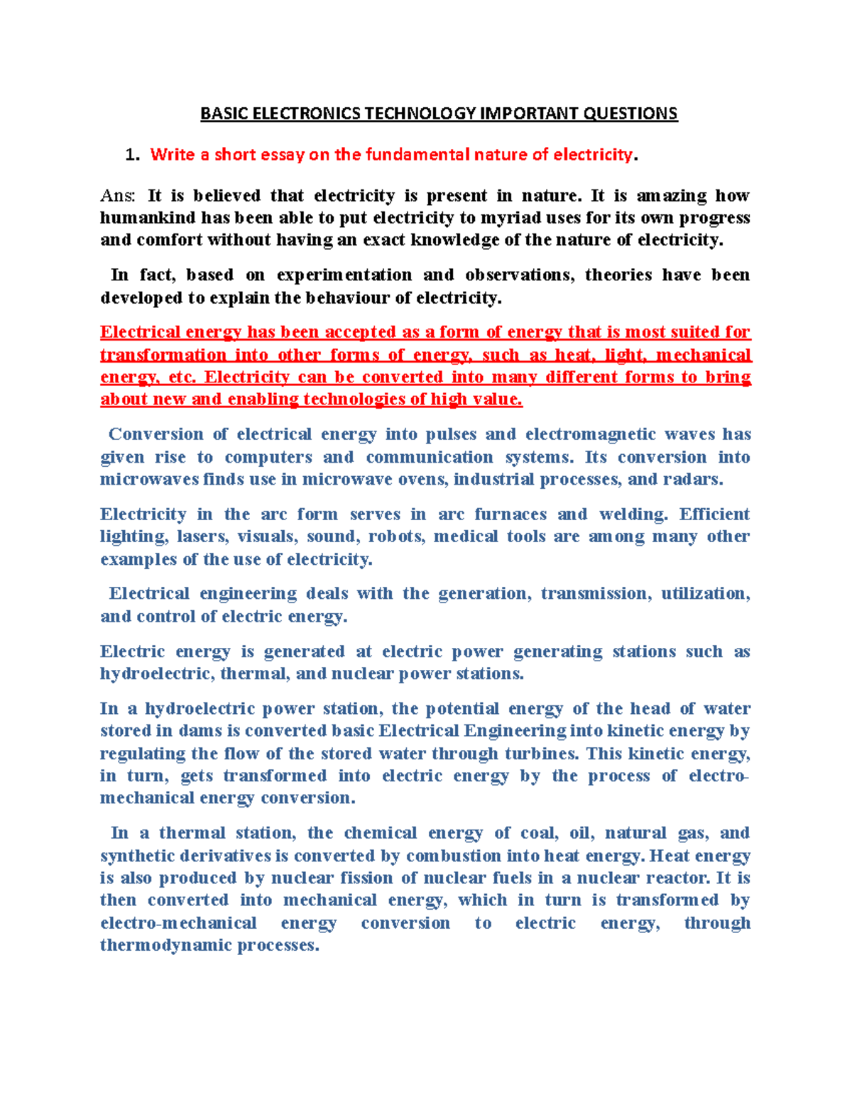 BET imp questions part 1 - BASIC ELECTRONICS TECHNOLOGY IMPORTANT QUESTIONS Write a short essay ...