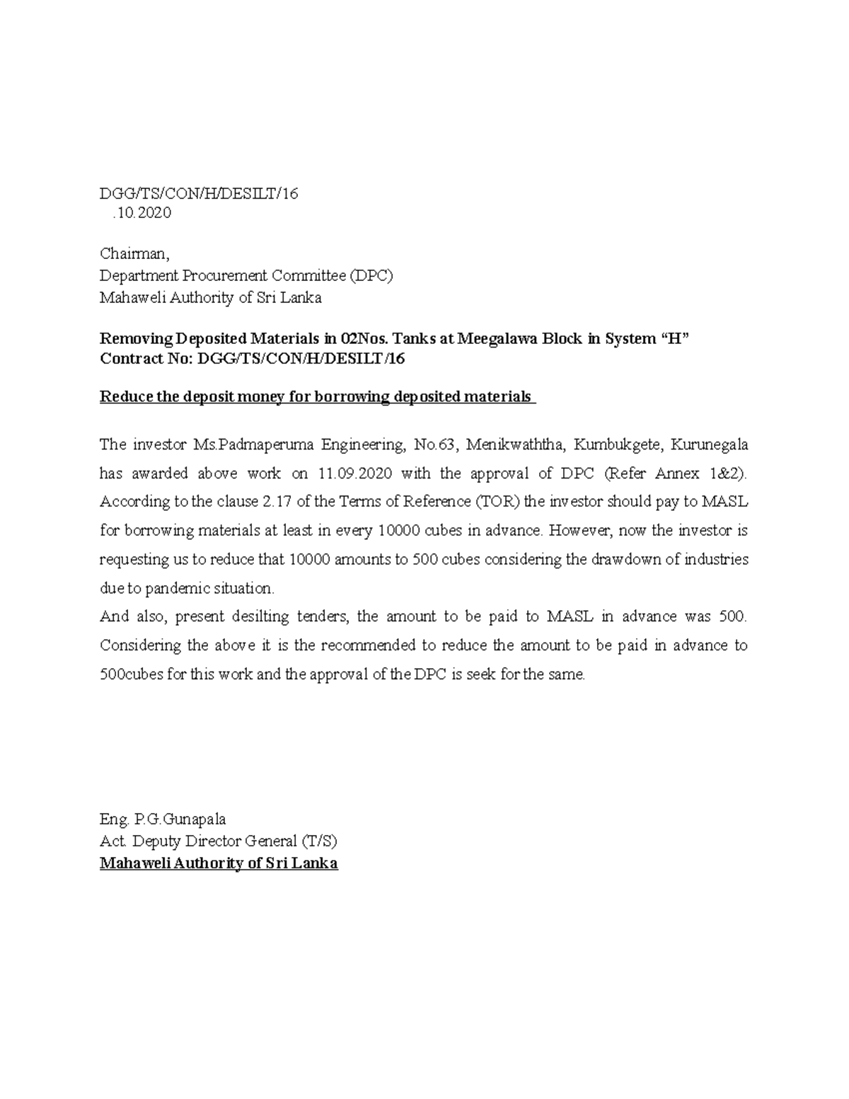 Letter to DPC to reduce up to 500 H16 - DGG/TS/CON/H/DESILT/ .10 ...