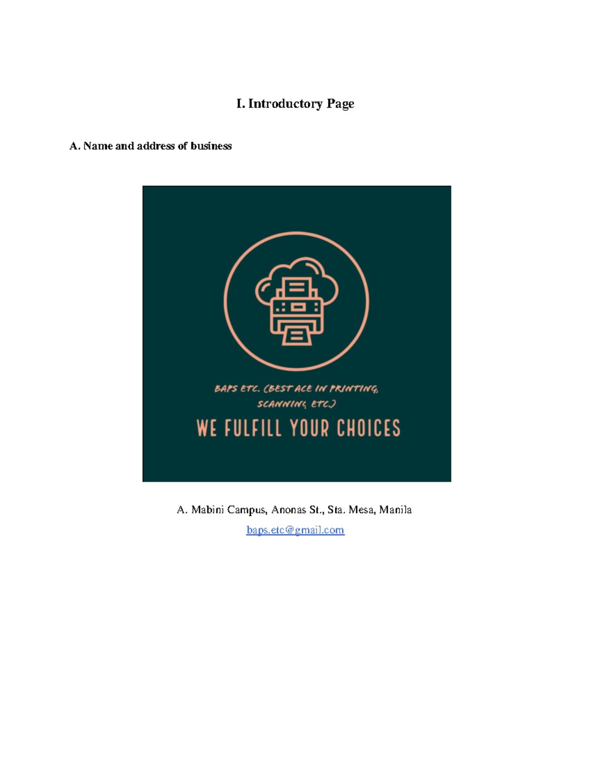 Chapter I - I. Introductory Page A. Name and address of business A ...