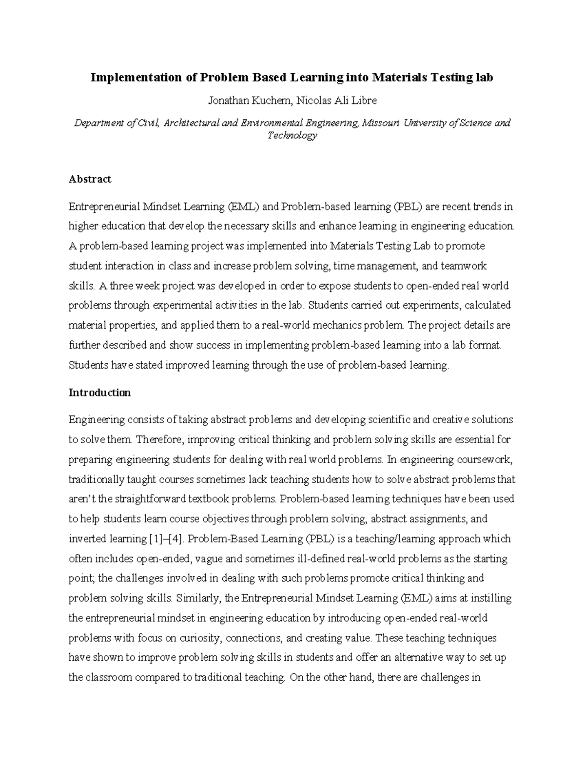 Implementation of problem based learning into materials testing lab ...