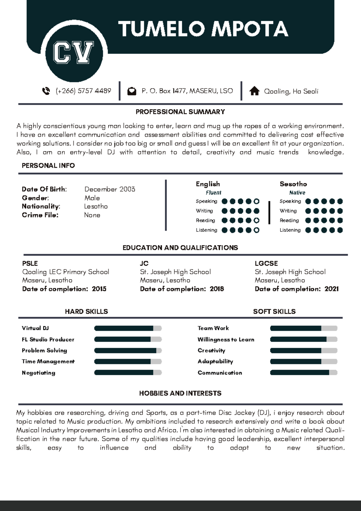 Tumelo Mpota CV 035115 - CV design - TUMELO MPOTA (+266) 5757 4489 P. O ...