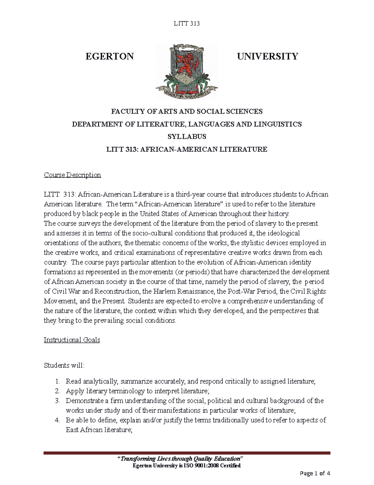 LITT 313 Syllabus COPY - Introduction to African American literature ...