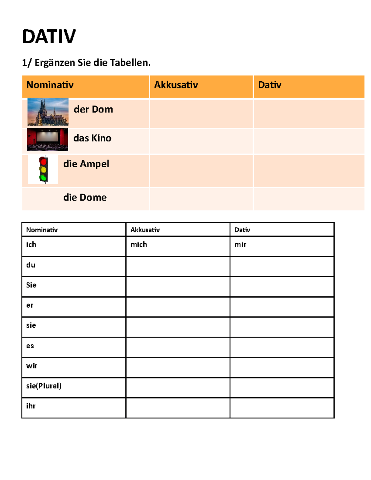 Lektion 13-1 Dativ Hausaufgaben - DATIV 1/ Ergänzen Sie die Tabellen ...
