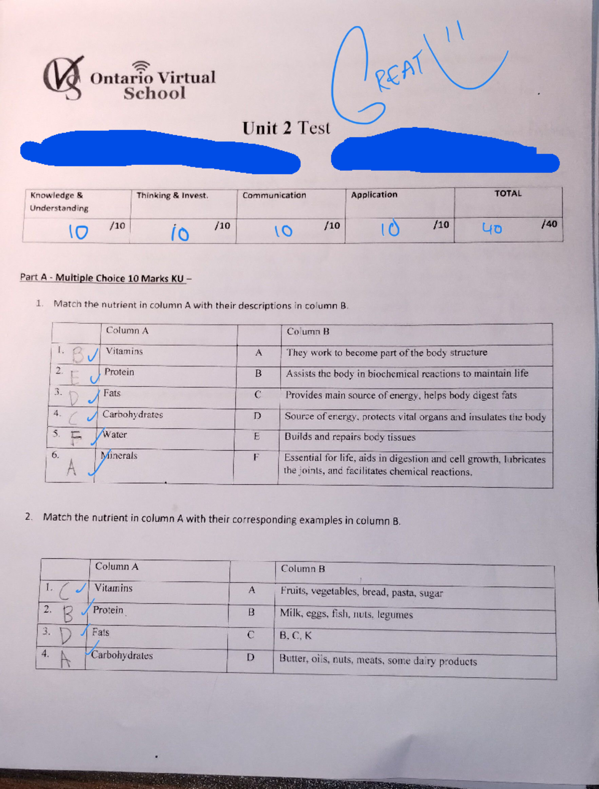 Health test unit 2 marked - Ontario Virtual REAT School Unit 2 Test ...