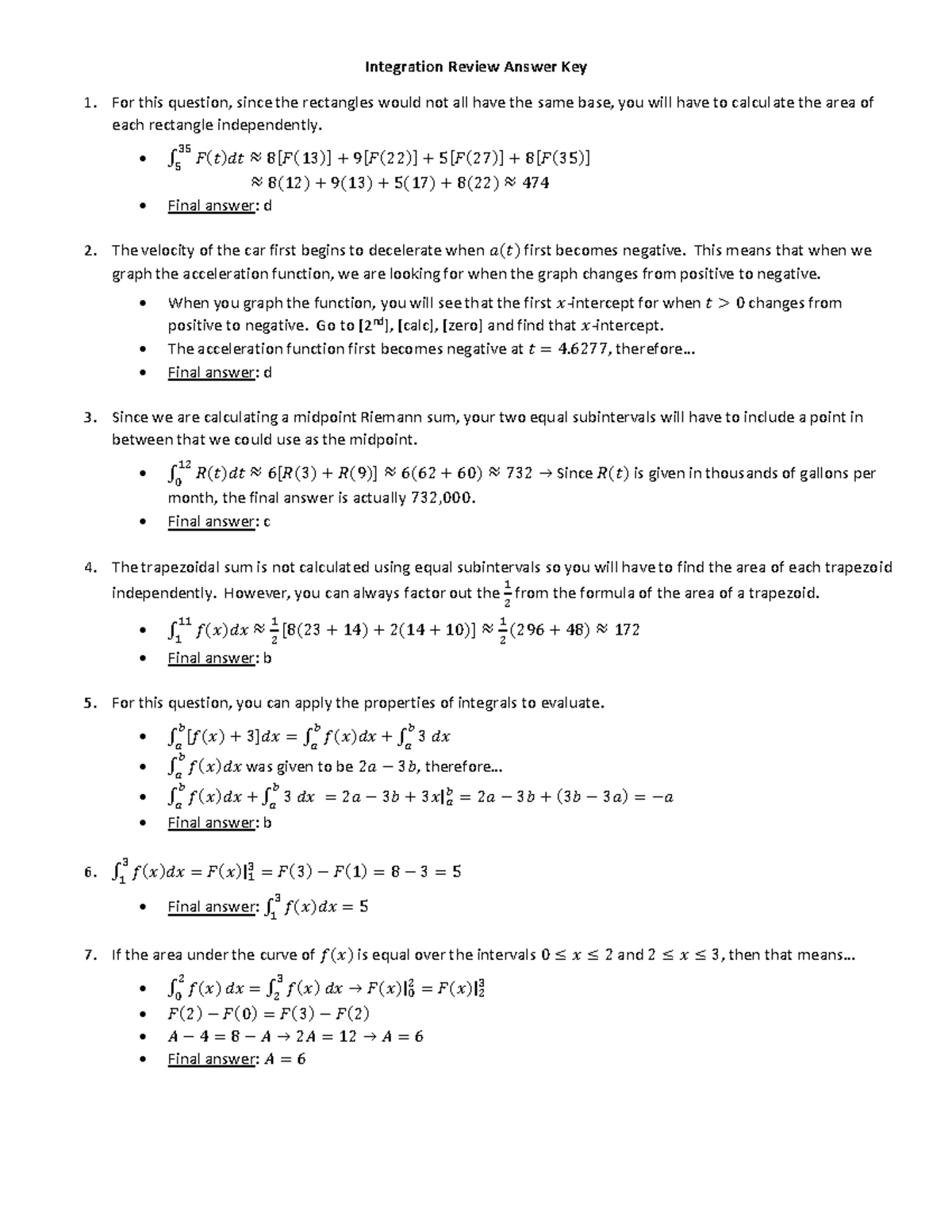 Integration Review Answer Key - • ∫ 𝐹(𝑡)𝑑𝑡 ≈ 8 [𝐹( 13 )] + 9 [𝐹( 22 ...