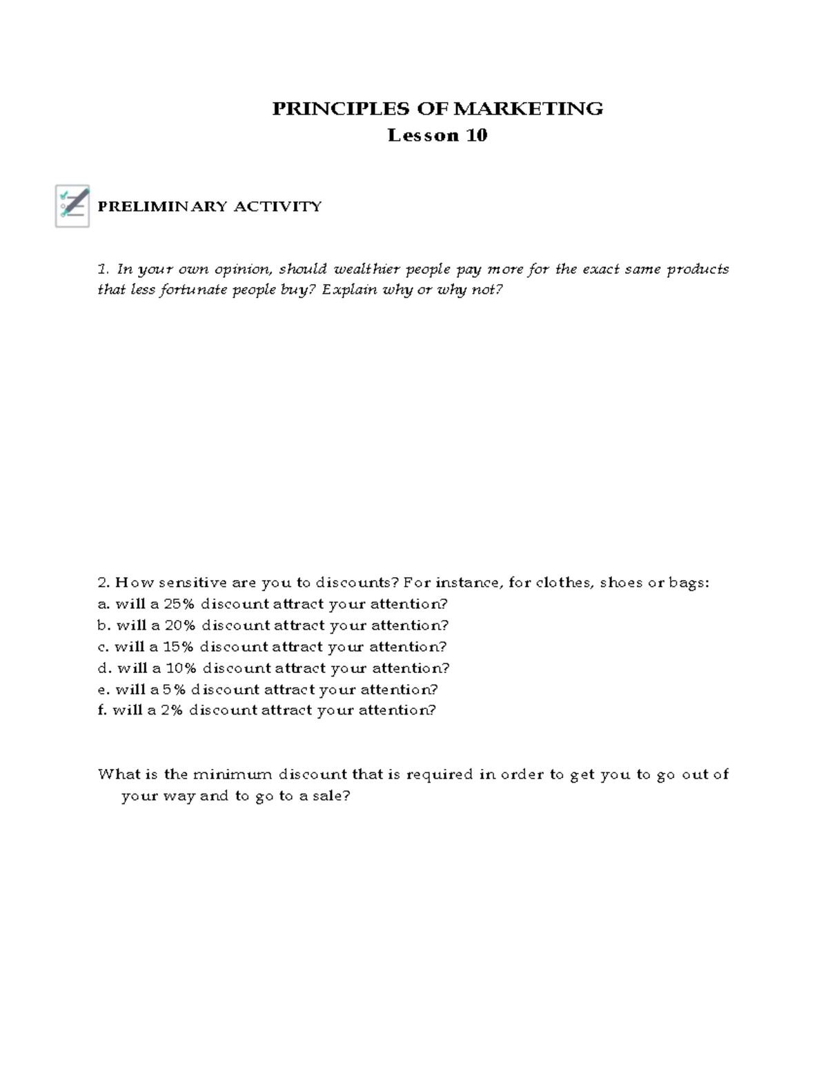 Activityin Marketing - Lesson 10 - PRINCIPLES OF MARKETING Lesson 10 ...