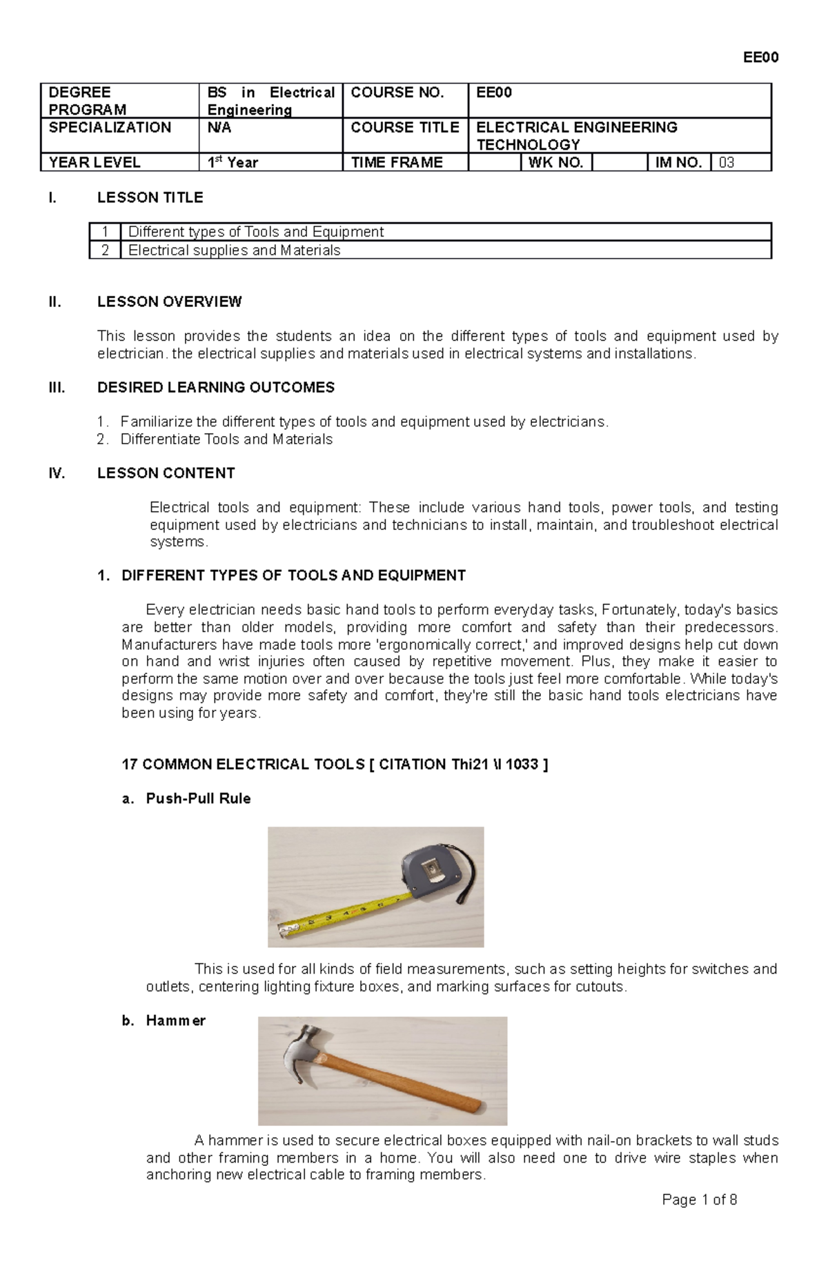 EE Technology 3 - Lecture Notes EE Tech - DEGREE PROGRAM BS in ...