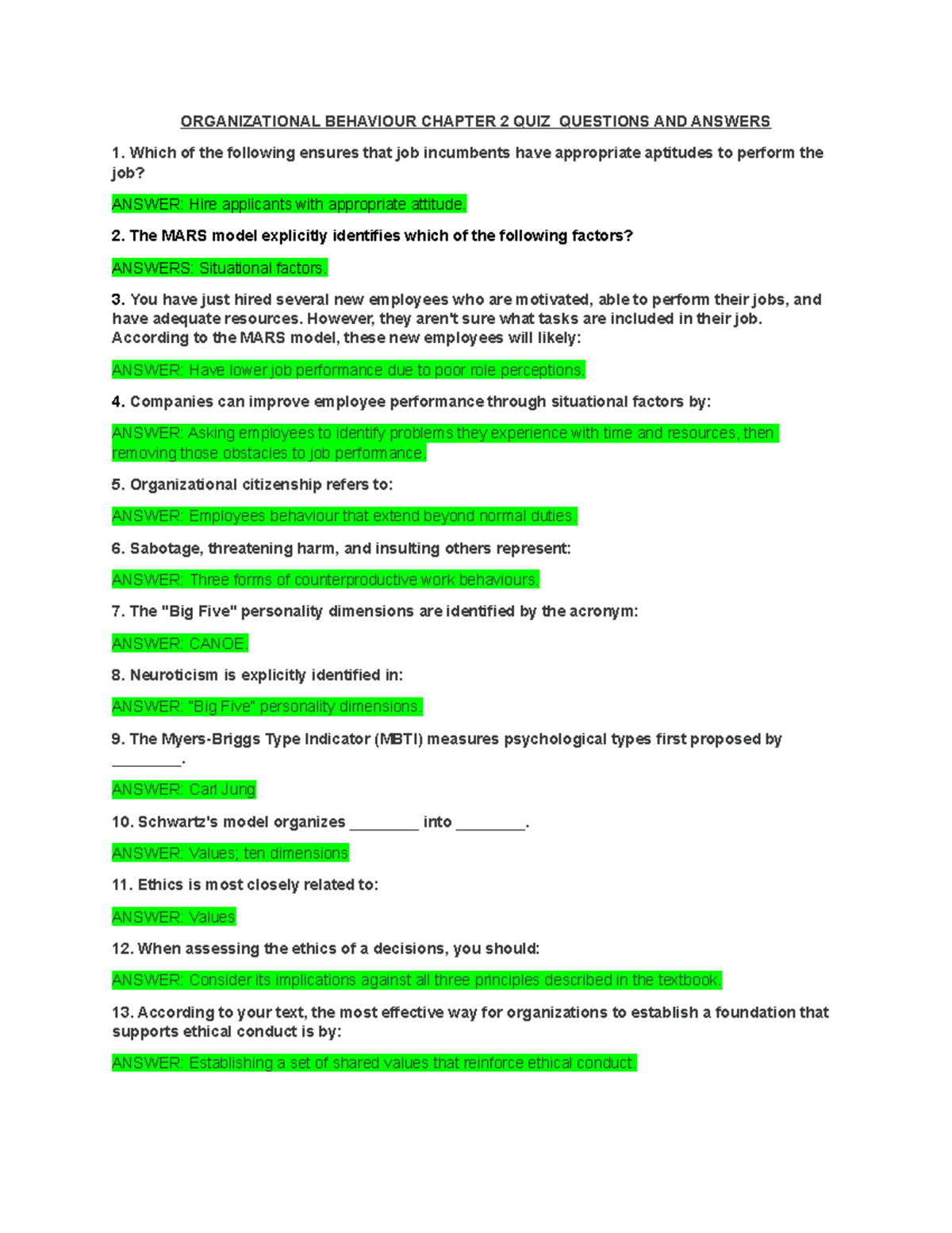 QUIZ 2 2021, questions and answers - ORGANIZATIONAL BEHAVIOUR CHAPTER 2 ...