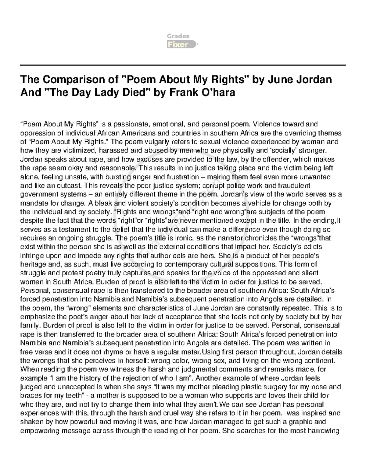 The Comparison of Poem About My Rights by June Jordan And The Day Lady ...