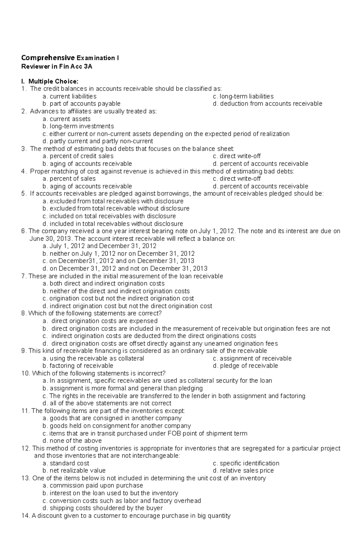 Financial Accounting - Comprehensive Examination I Reviewer in Fin Acc ...