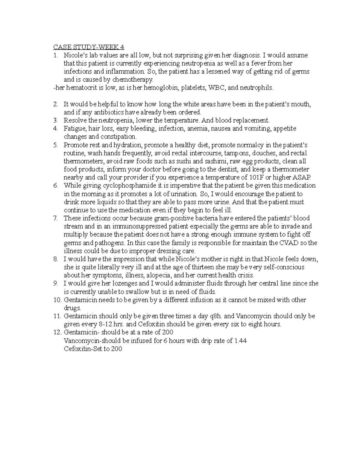 CASE Study-week 4 - CASE STUDY-WEEK 4 Nicole’s lab values are all low ...