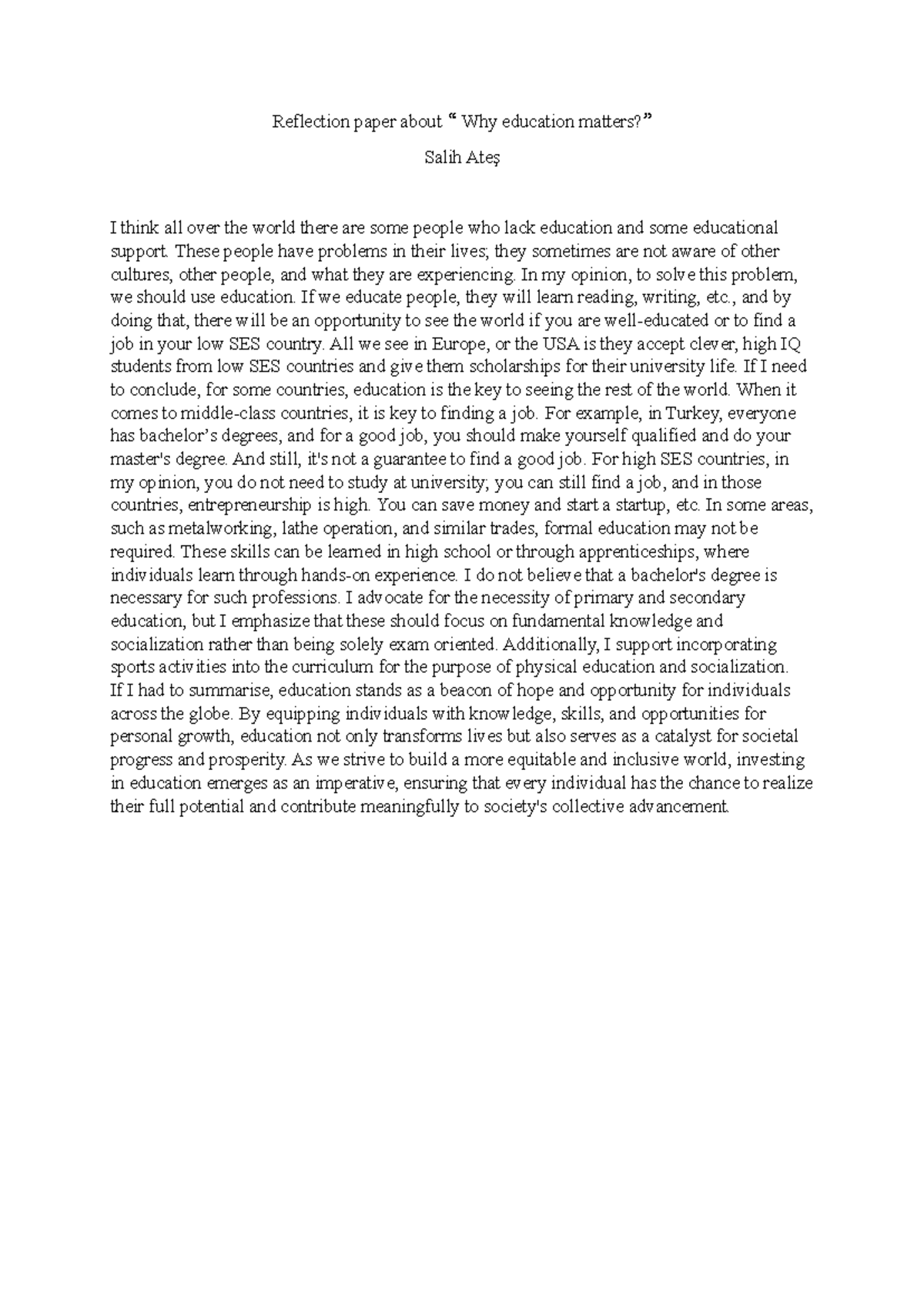 Why Education Matter - Reflection paper about Why education matters ...