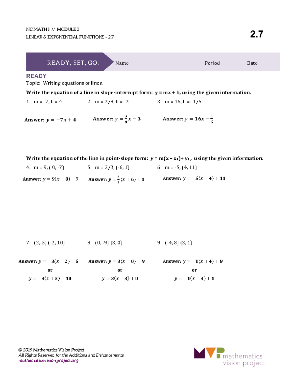 Module 2 Lesson 7 Ready Set Go Answer Key - NC MATH I // MODULE 2 ...
