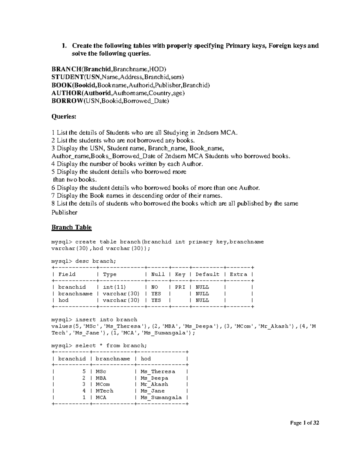 Finaldbms 2 - nill - 1. Create the following tables with properly ...