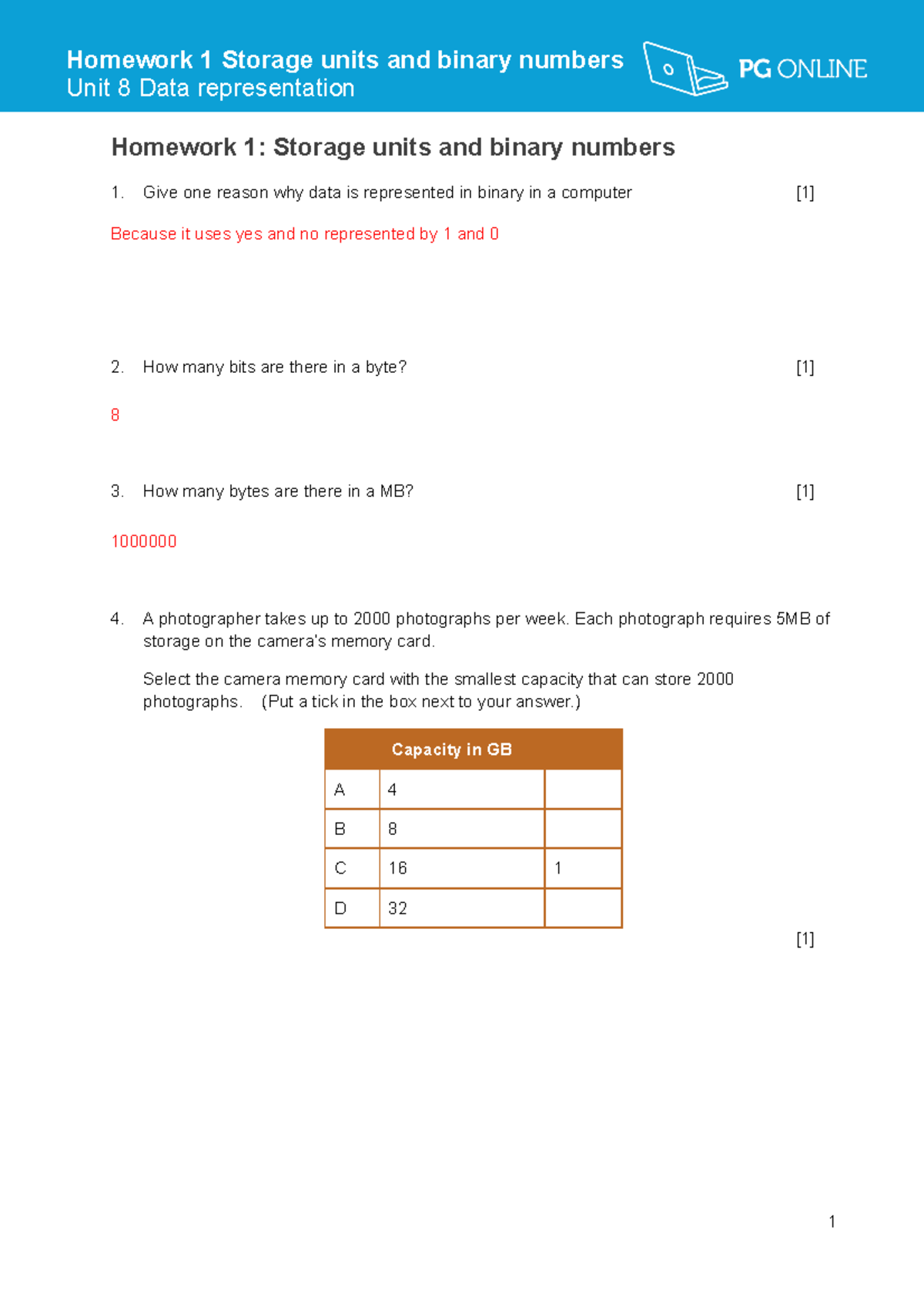 Data Representation Homework 1 Storage Units And Binary Numbers Homework 1 Storage Units And