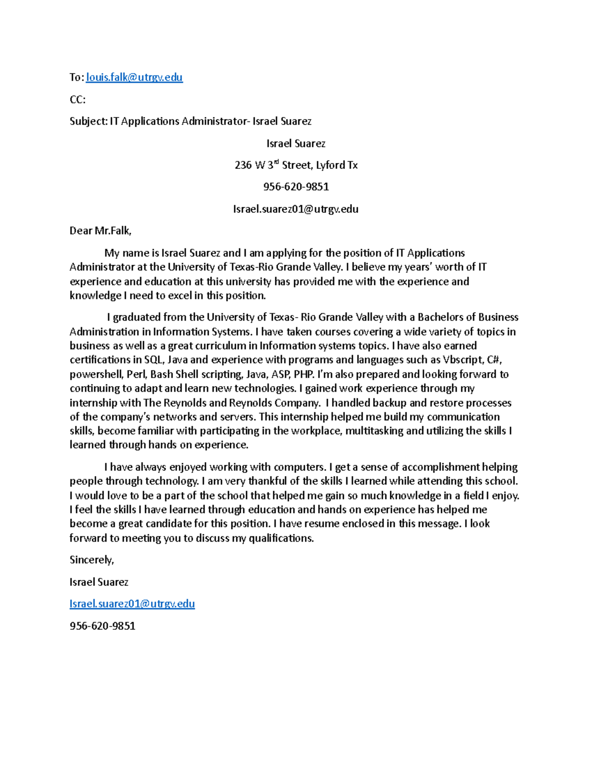 Cover letter - To: louis@utrgv CC: Subject: IT Applications ...