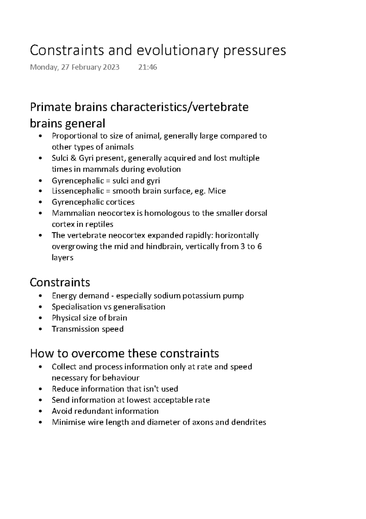 Constraints and evolutionary pressures - Primate brains characteristics ...