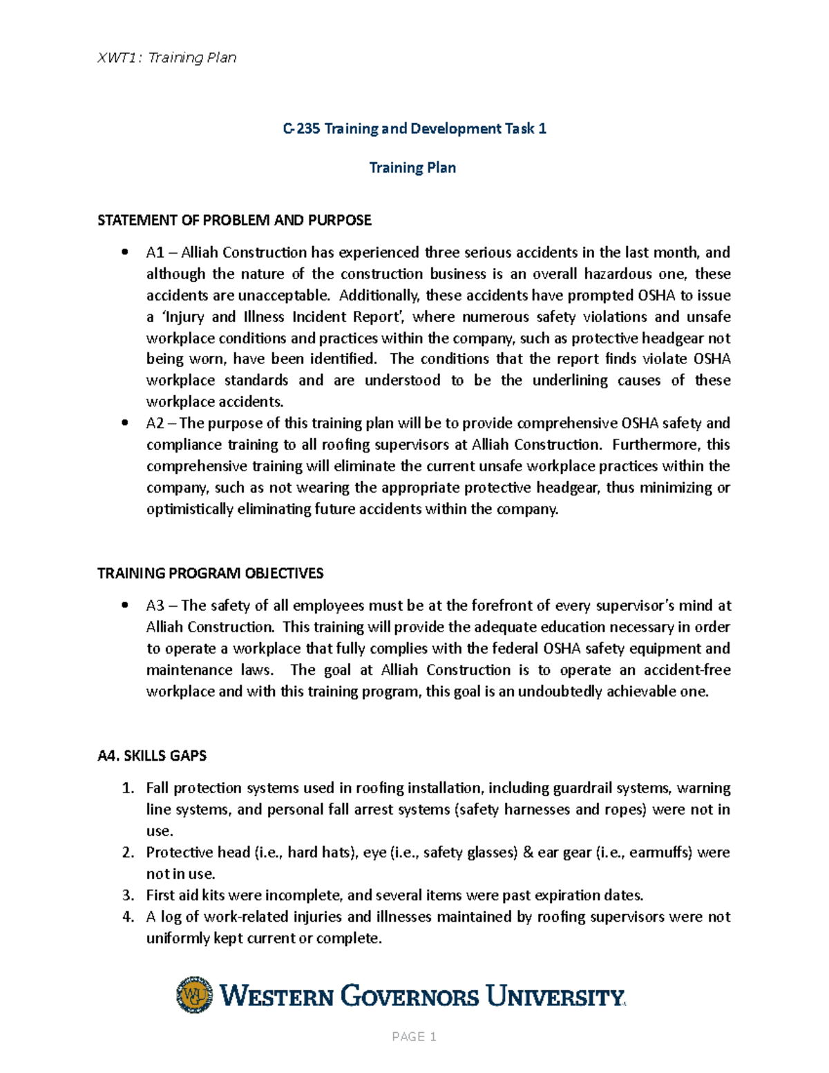 WGU's Training and Development – C235 - Task 1 Writing Assignment ...