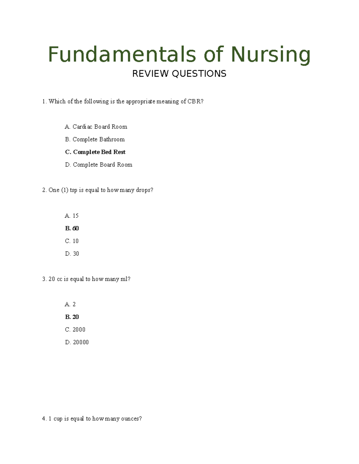 Fundamentals of Nursing 9 - Fundamentals of Nursing REVIEW QUESTIONS ...