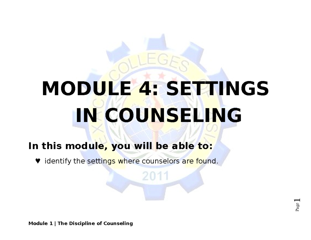 M1 - THE Discipline OF Counseling - Page 1 MODULE 4: SETTINGS IN ...