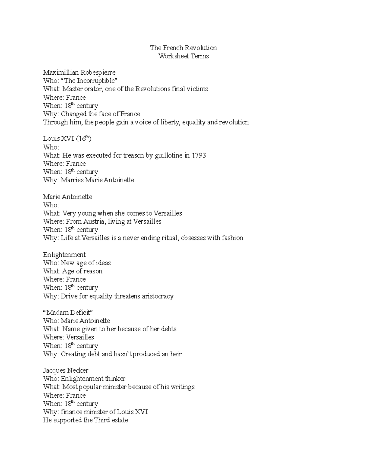 The French Revolution Worksheet Terms - The French Revolution Worksheet ...